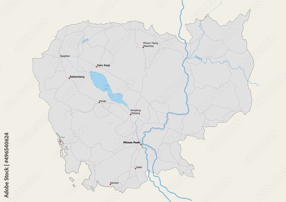 Poster Isolated map of Cambodia with capital, national borders ...