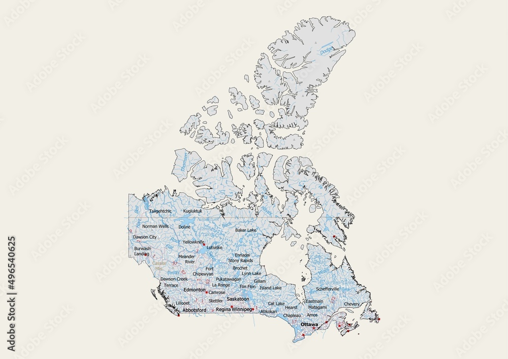 Isolated map of Canada with capital, national borders, important cities ...