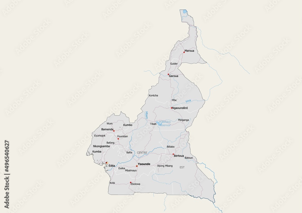 Isolated map of Cameroon with capital, national borders, important ...
