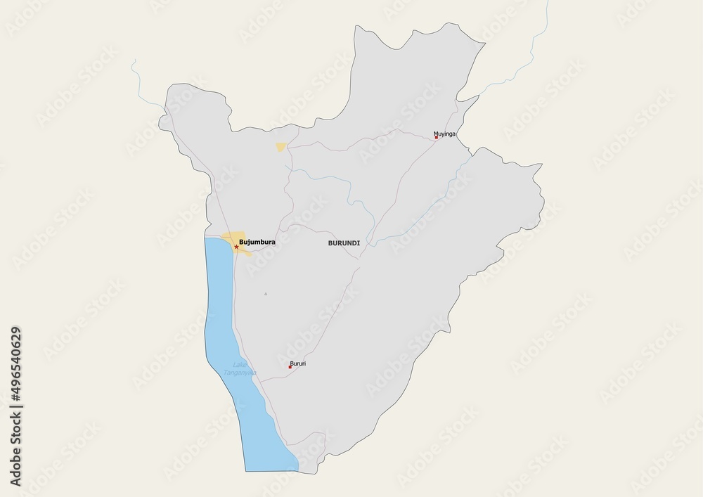 Isolated map of Burundi with capital, national borders, important ...