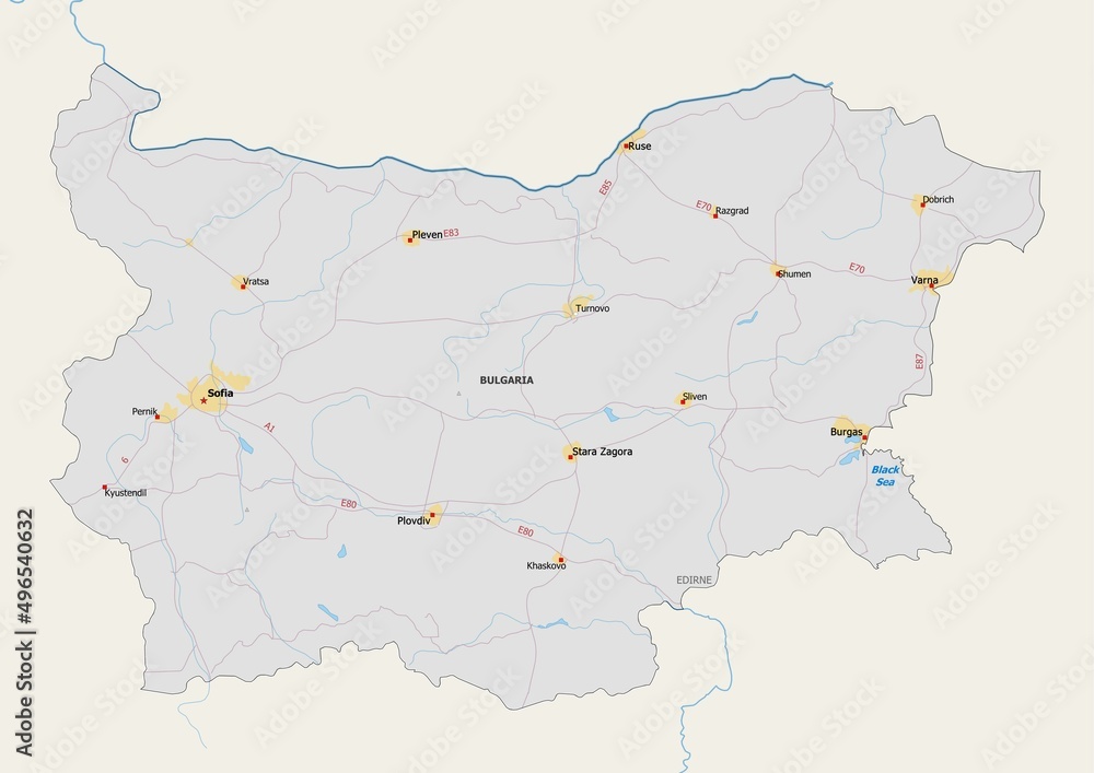 Isolated map of Bulgaria with capital, national borders, important ...