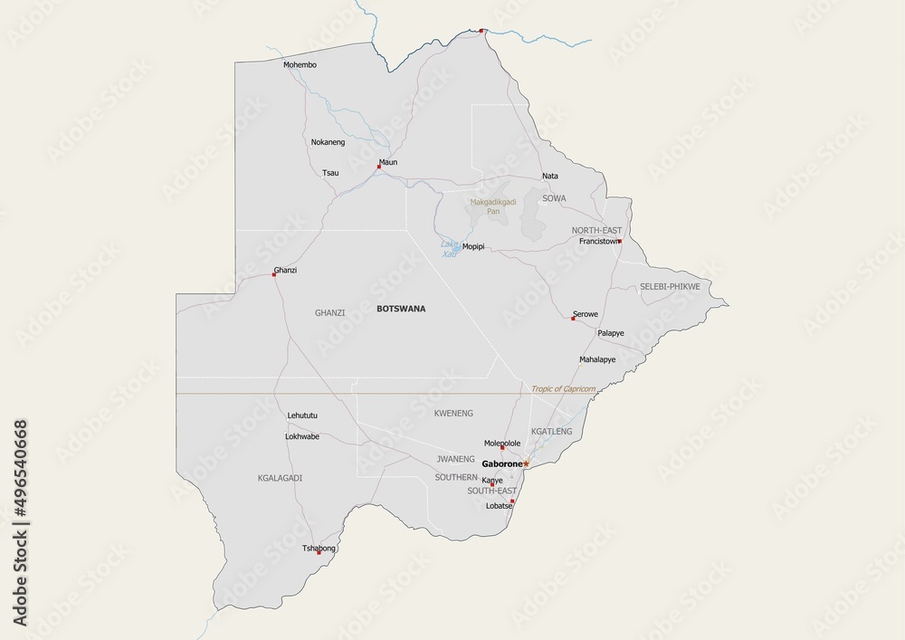 Isolated map of Botswana with capital, national borders, important ...