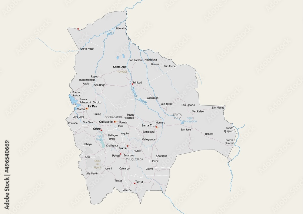 Isolated map of Bolivia with capital, national borders, important ...