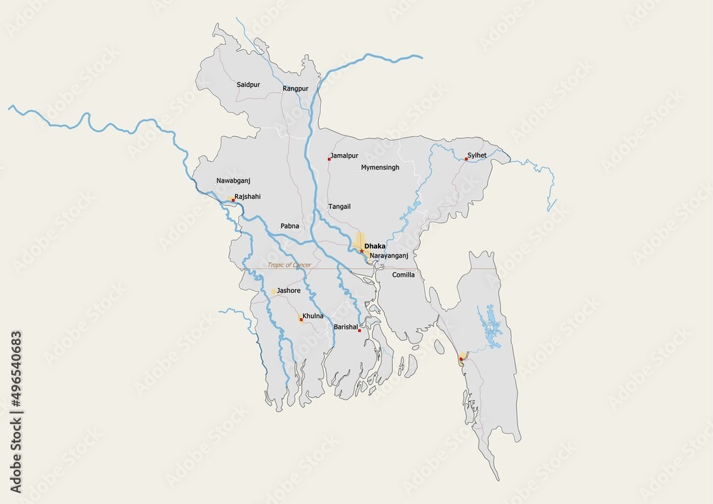 Isolated map of Bangladesh with capital, national borders, important ...