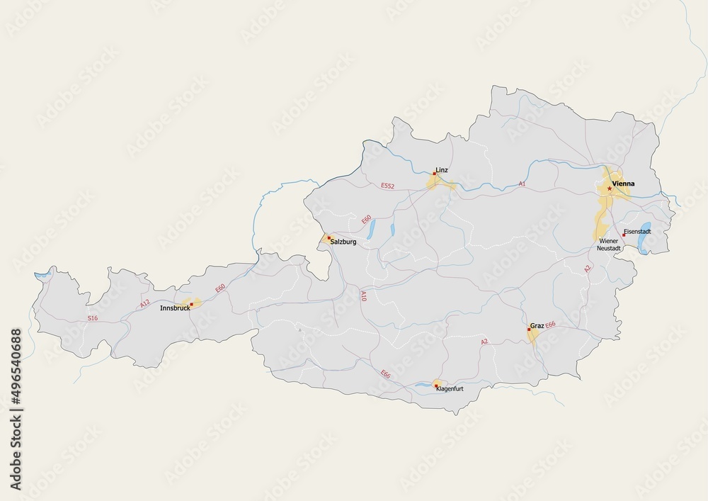 Isolated map of Austria with capital, national borders, important ...