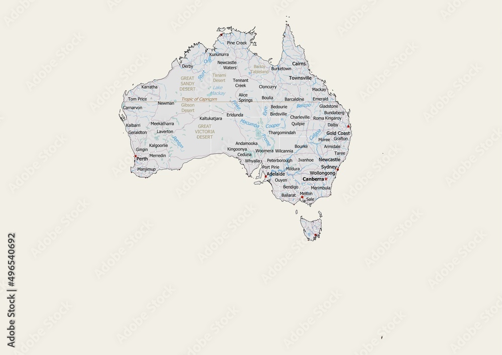 Isolated map of Australia with capital, national borders, important ...