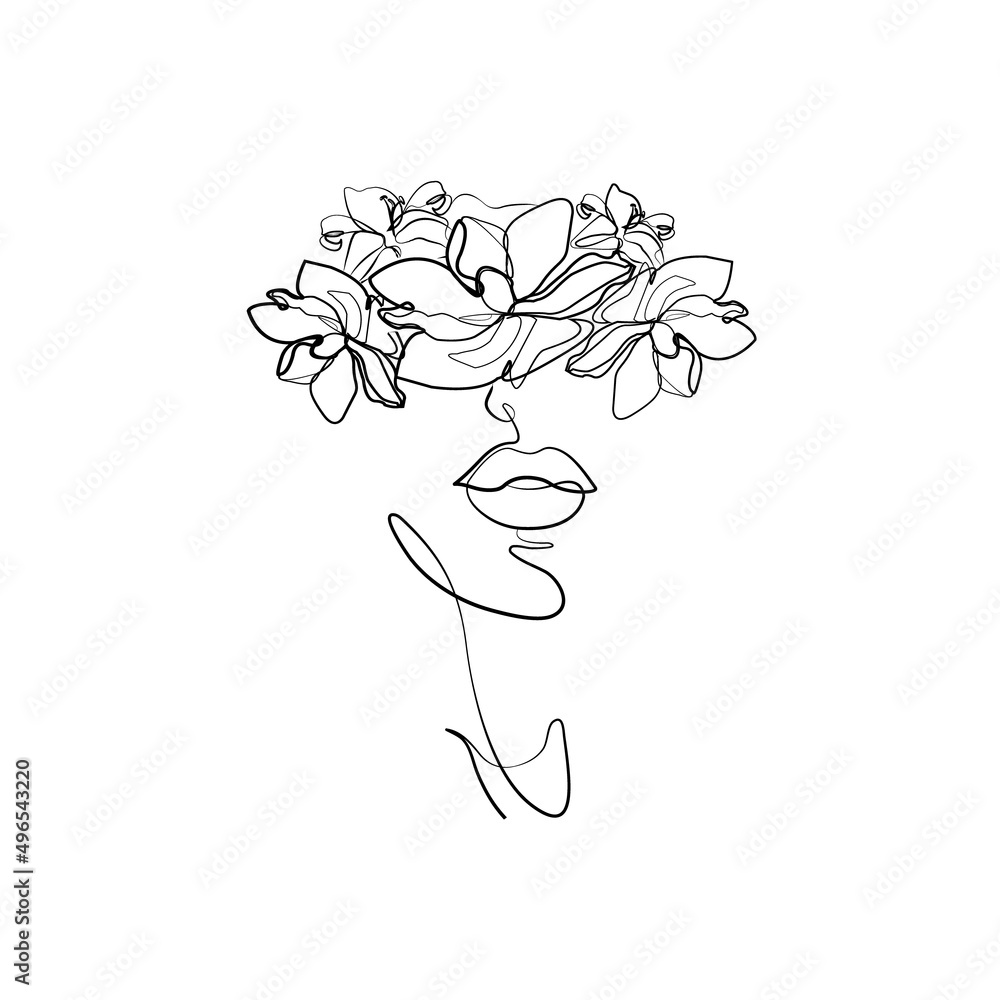 Abstract face with flowers by one line vector drawing. Portrait ...