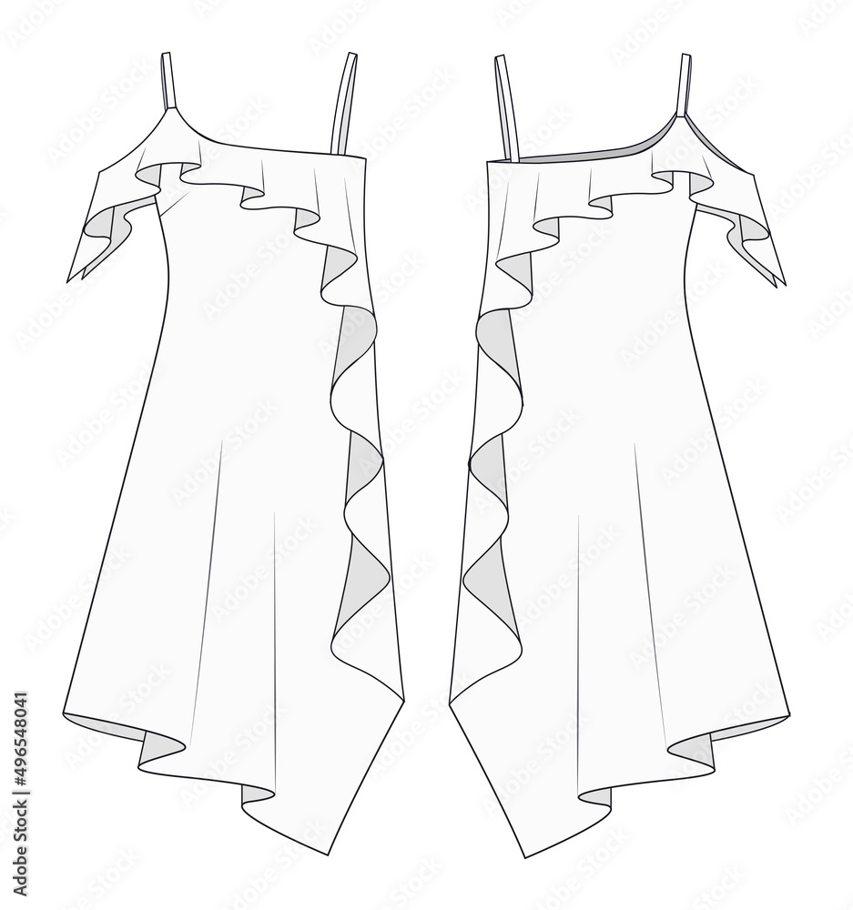 Women Dress fashion flat template. Ruffled mini Dress fashion technical ...