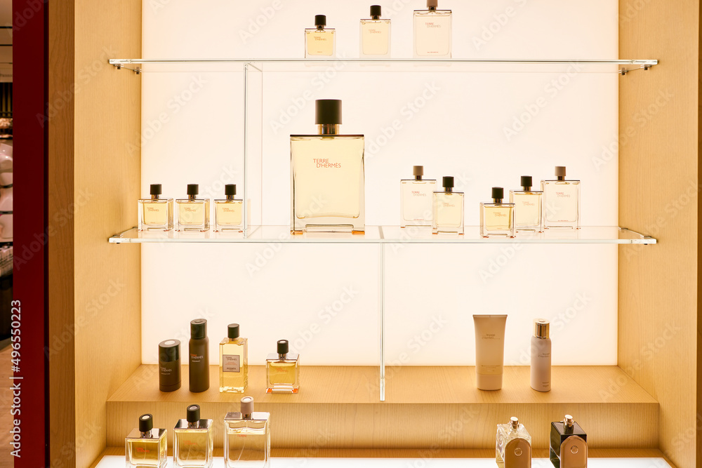 ROME, ITALY - CIRCA NOVEMBER, 2017: bottles of Hermes fragrance sit on ...