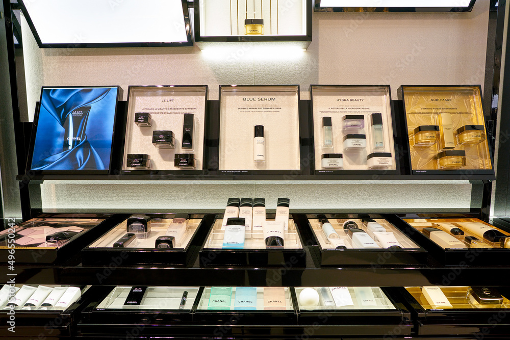 ROME, ITALY - CIRCA NOVEMBER, 2017: Chanel beauty products sit on ...