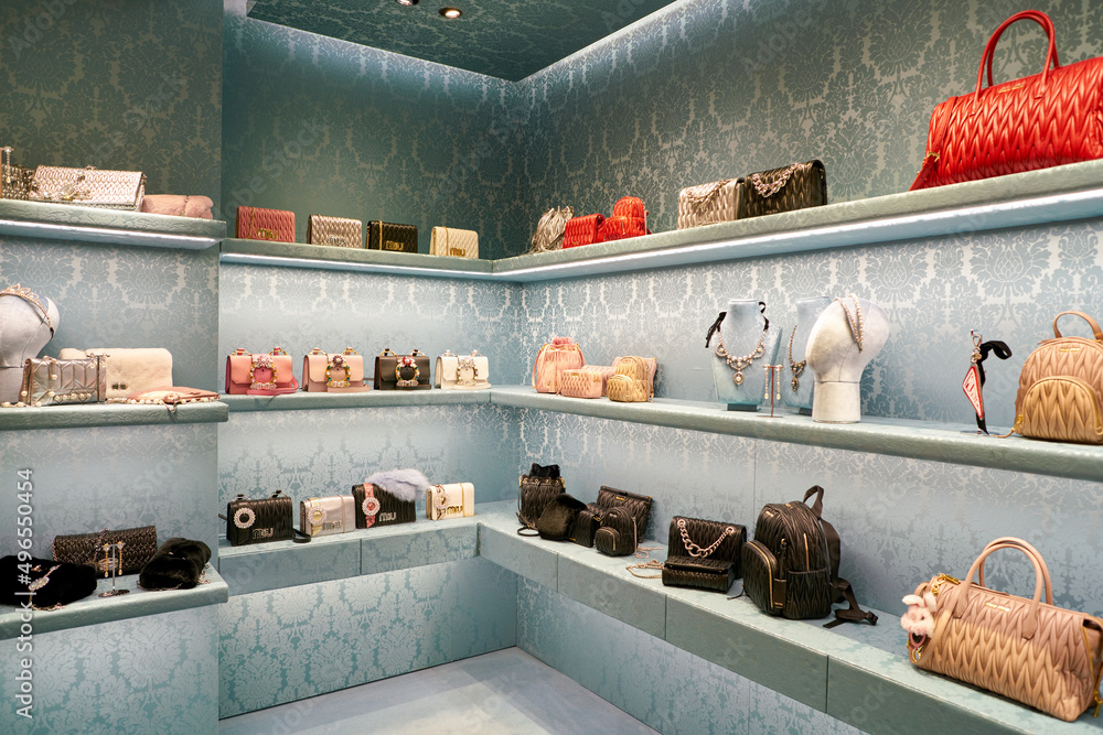 ROME, ITALY - CIRCA NOVEMBER, 2017: Miu Miu bags sit on display at a ...