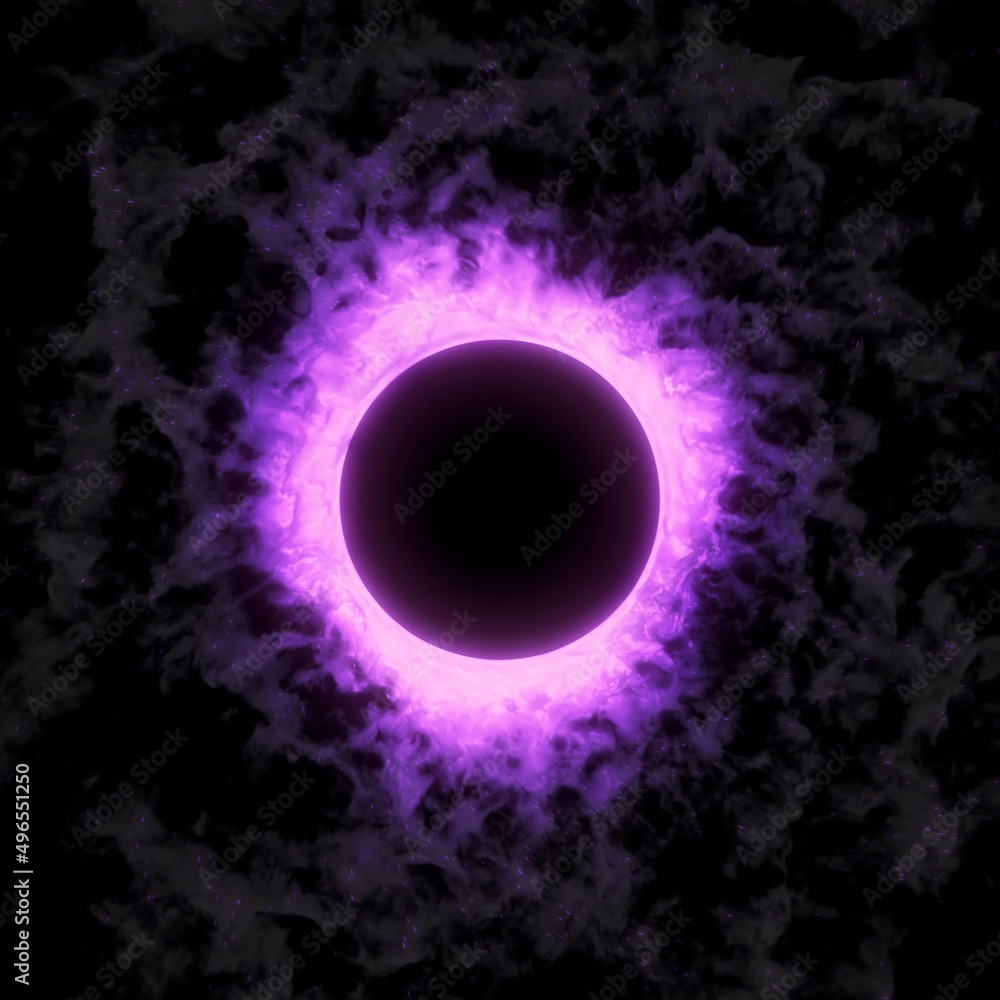 Sun Eclipse with Purple Fire on black Background. Space and Science concept. Abstract smoke and ...