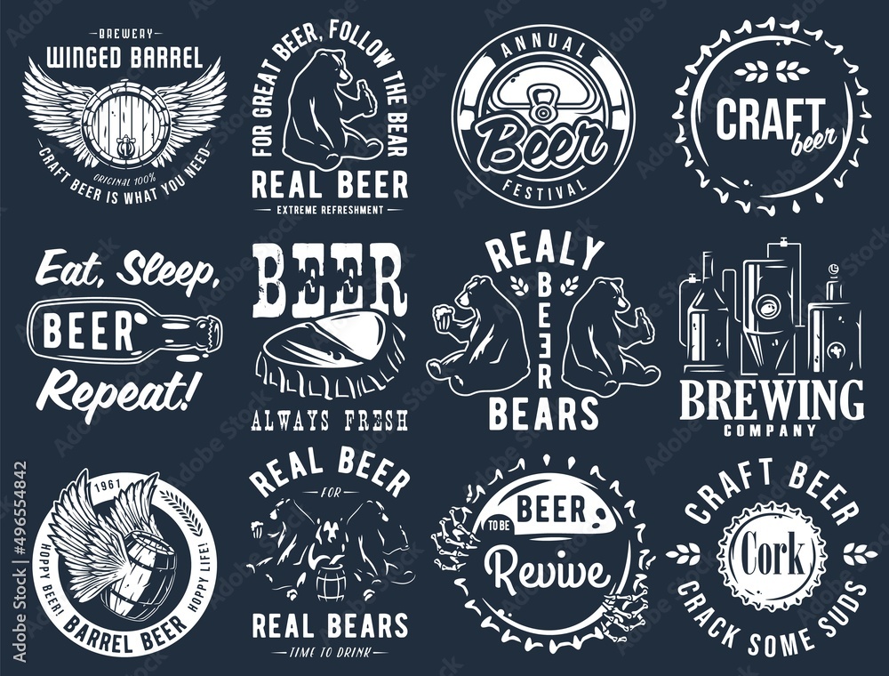 Poster Craft beer brewery emblem set with hops seed, bavarian hat and ...