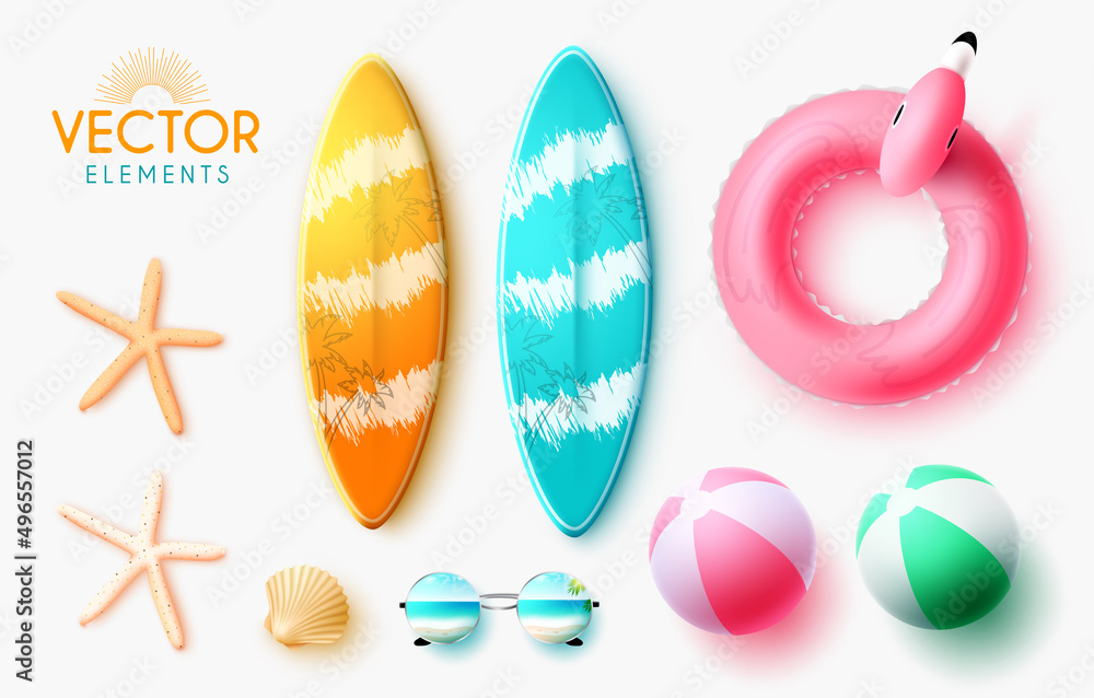 Summer elements vector set design. Summer 3d surfboards, beachball ...