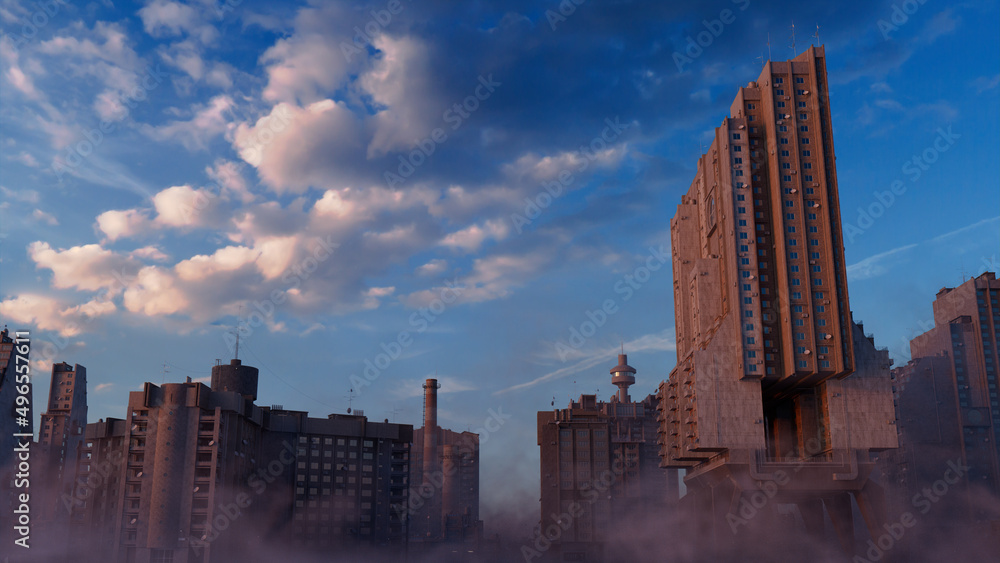 Constructivist Metropolis. Soviet Brutalist Architecture against a Dusk ...