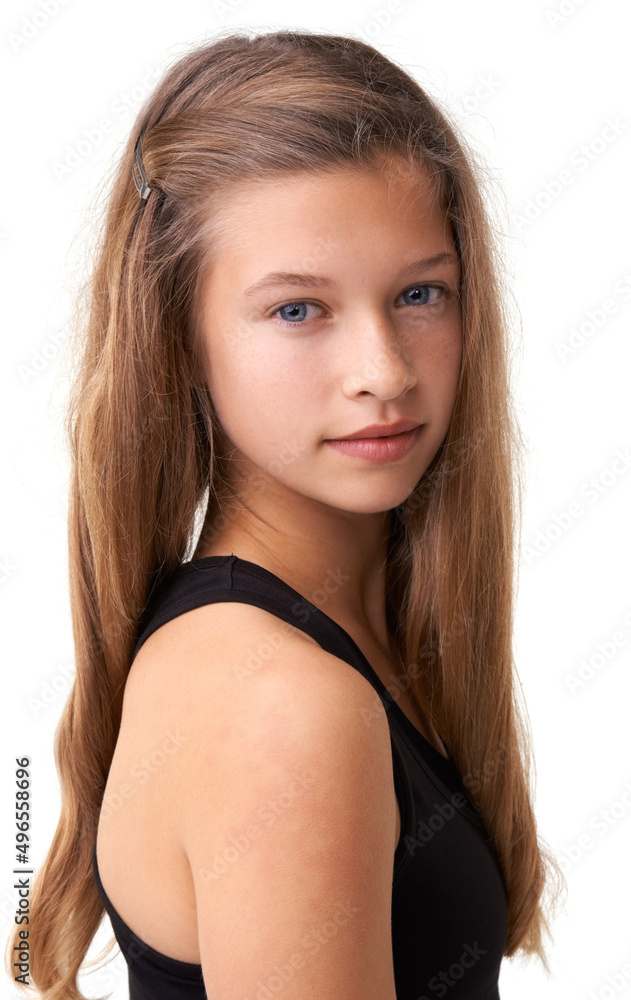 Shes a bright young girl. Cropped view of a cute young teen girl. Stock ...