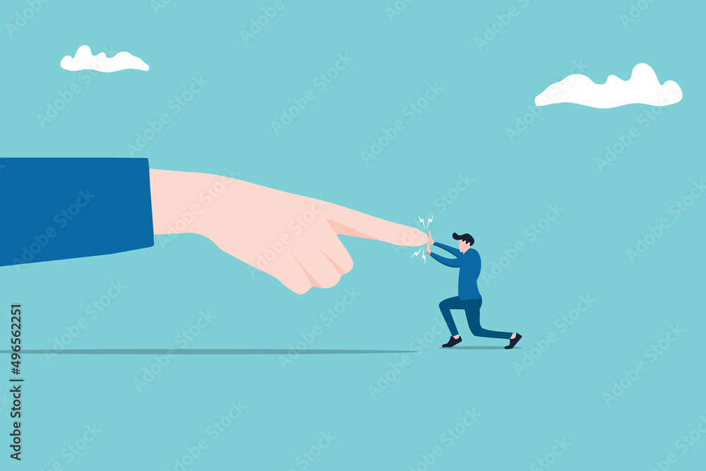 brave businessman fight and keep pushing against giant business hand ...