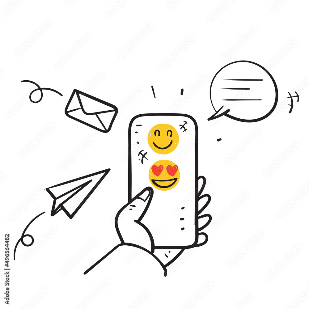hand drawn doodle hand holding phone and send emoticon with chat or ...