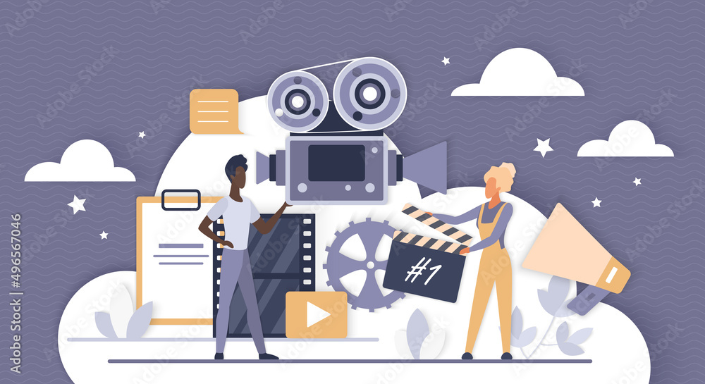 Cinema movie production. Team of tiny film director assistant with ...