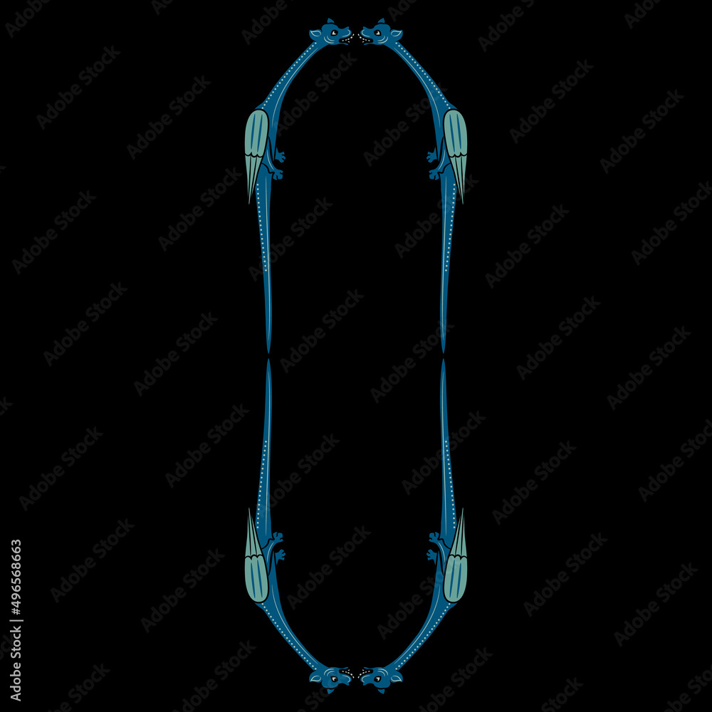 Oval vintage decorative frame with fantastic winged blue dragons ...