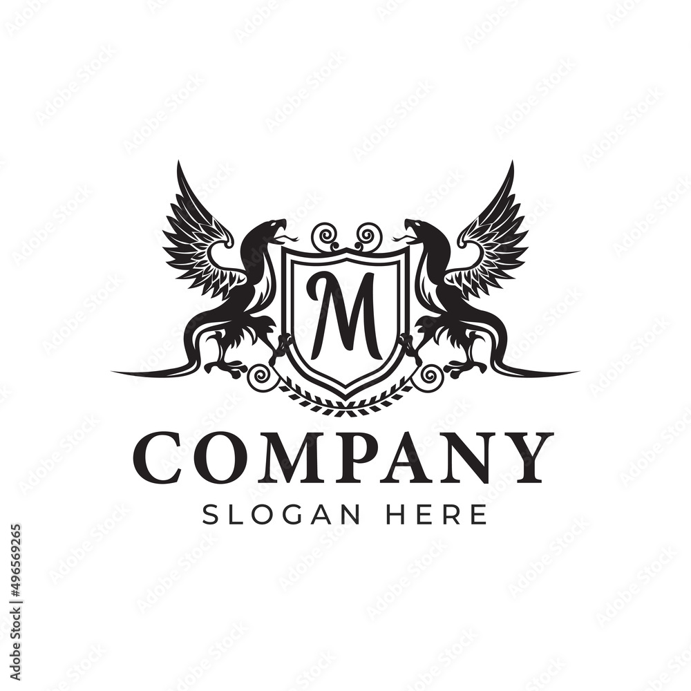 Two Winged Snakes. letter M. Antique Design. Creative Black Logo with ...