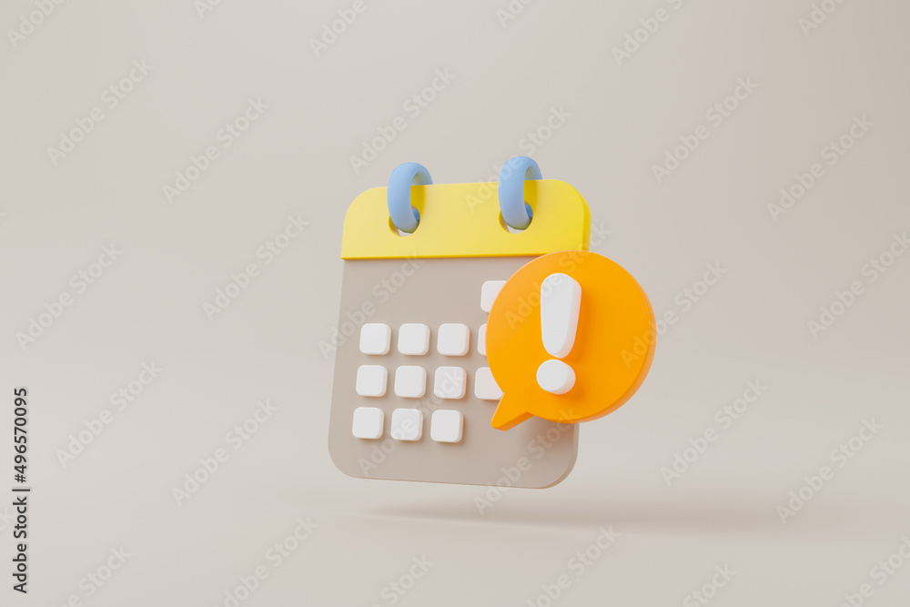 Notification icon and calendar deadline on brown background. 3d ...