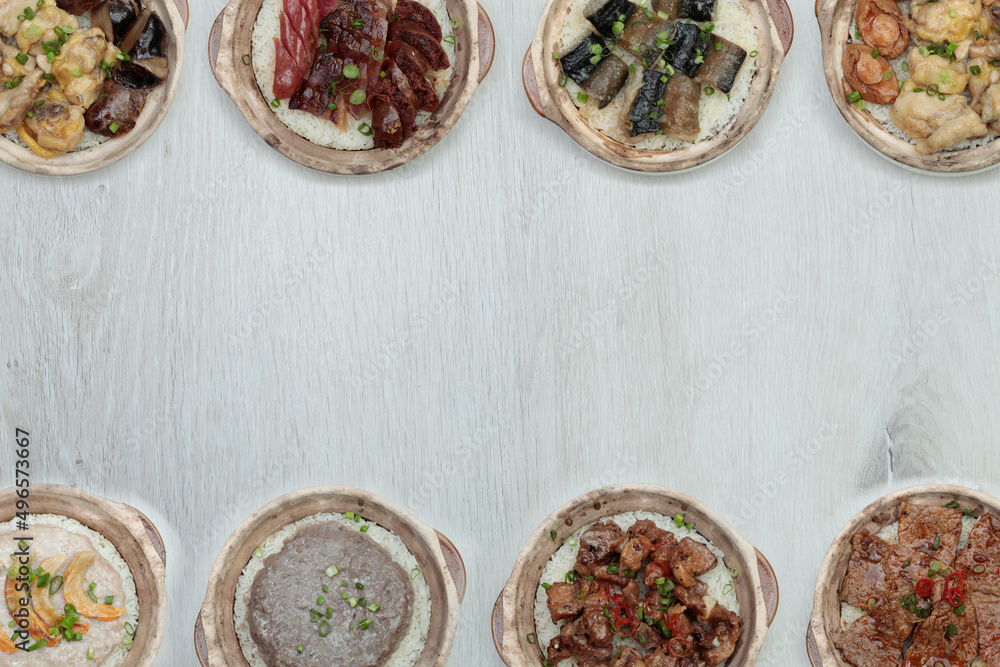 Eight kinds of Hong Kong-style authentic clay pot rice neatly put ...