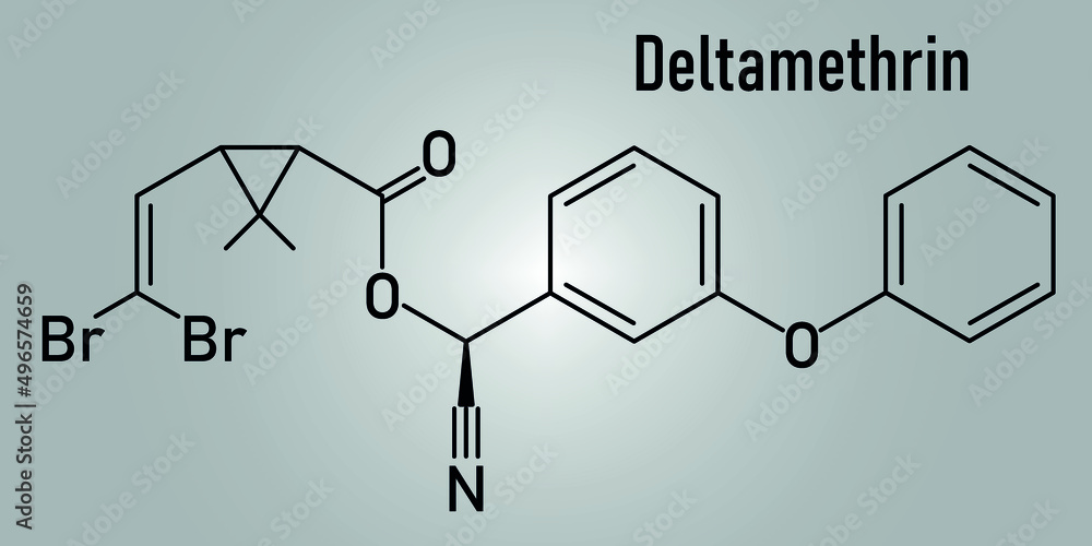 Deltamethrin insecticide molecule (synthetic pyrethroid). Skeletal ...