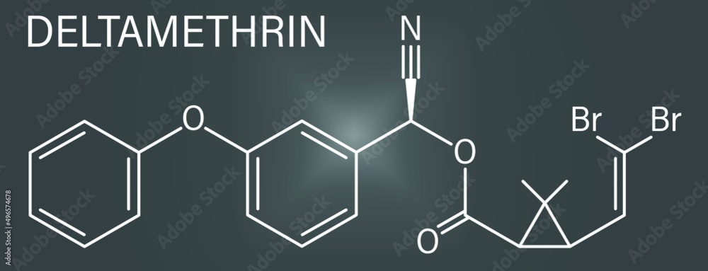 Deltamethrin insecticide molecule (synthetic pyrethroid). Skeletal ...