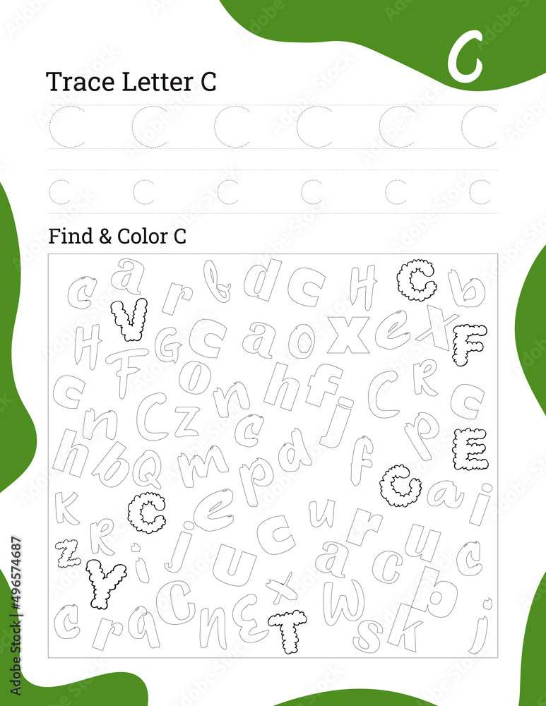 English alphabet letter C tracing line printable worksheet with cute ...