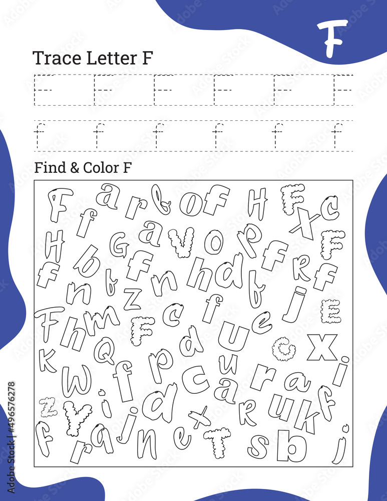 English alphabet letter F tracing line printable worksheet with cute ...