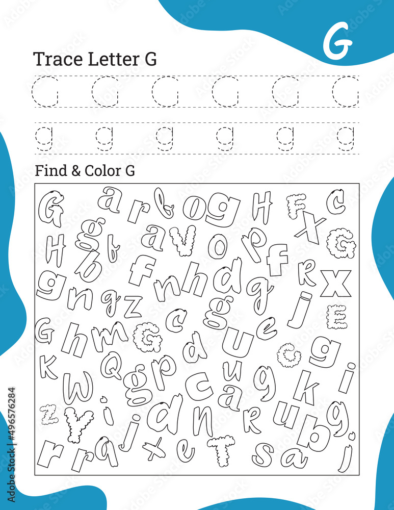 English alphabet letter G tracing line printable worksheet with cute ...
