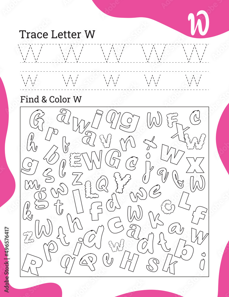 English alphabet letter W tracing line printable worksheet with cute ...