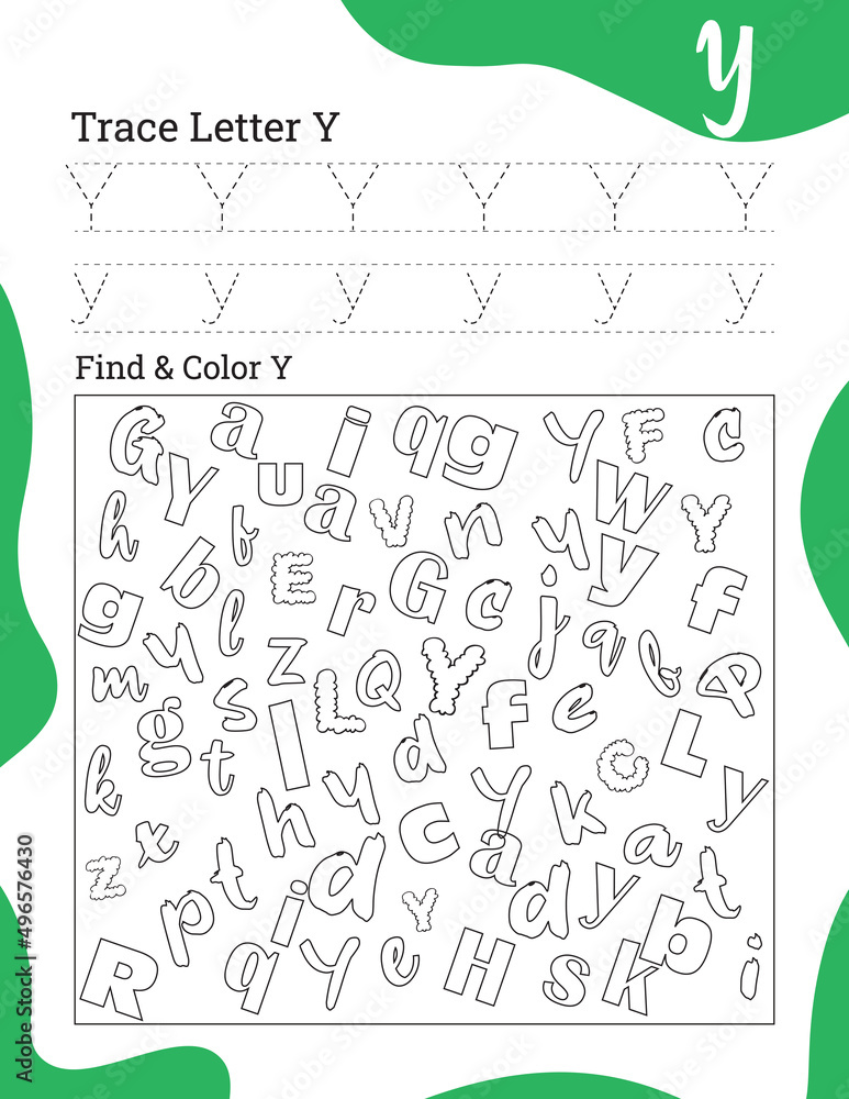 English alphabet letter Y tracing line printable worksheet with cute ...