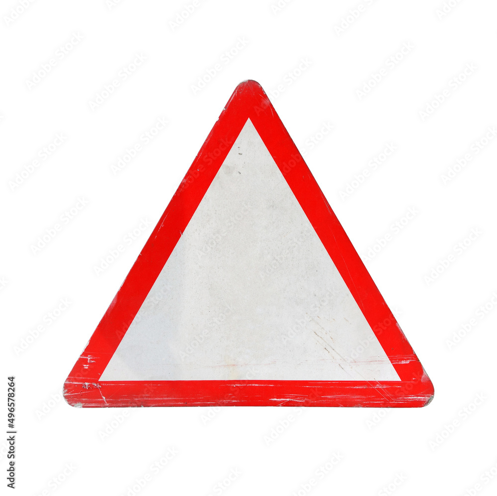 blank traffic warning sign with scratched and stains isolated on white ...