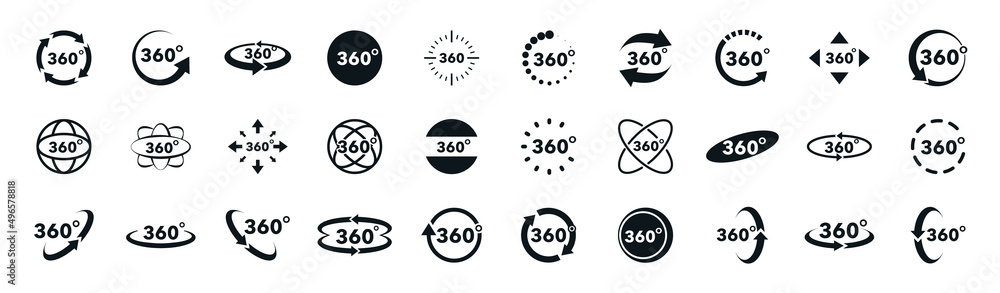 360 degrees view vector icons set. Signs with arrows to indicate the ...