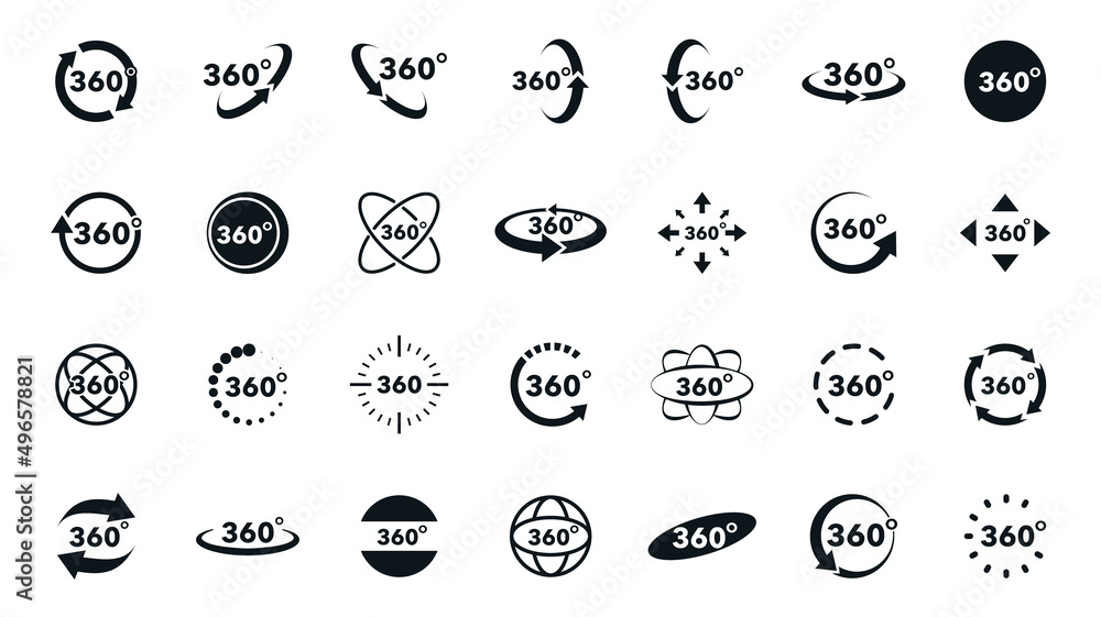 360 degrees view vector icons set. Signs with arrows to indicate the ...