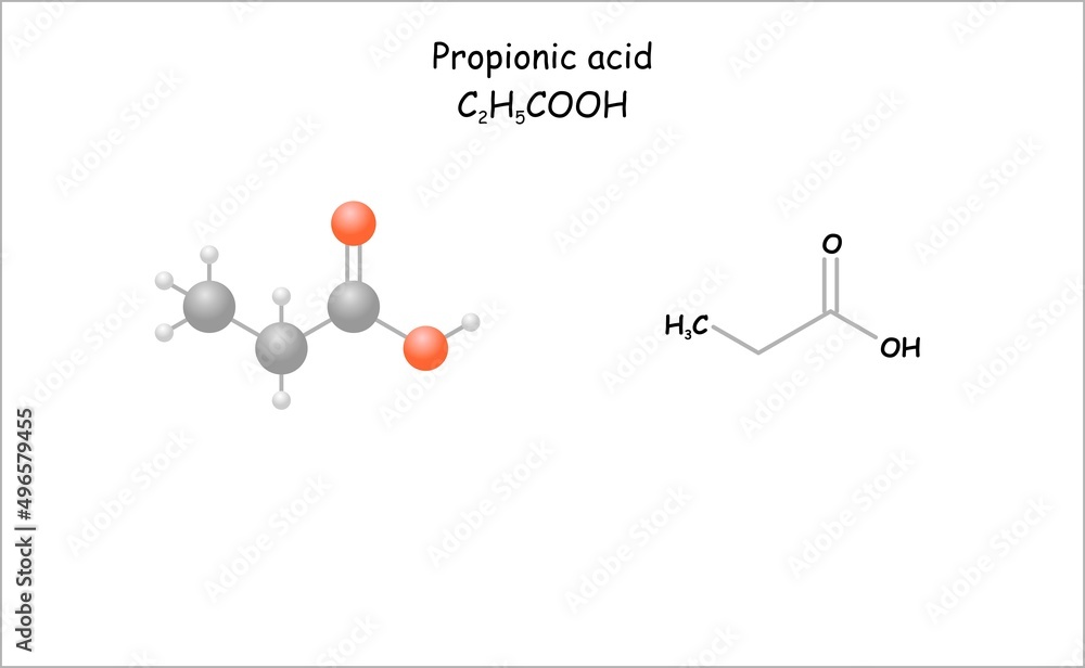 Stylized molecule model/structural of the food preservative propionic ...