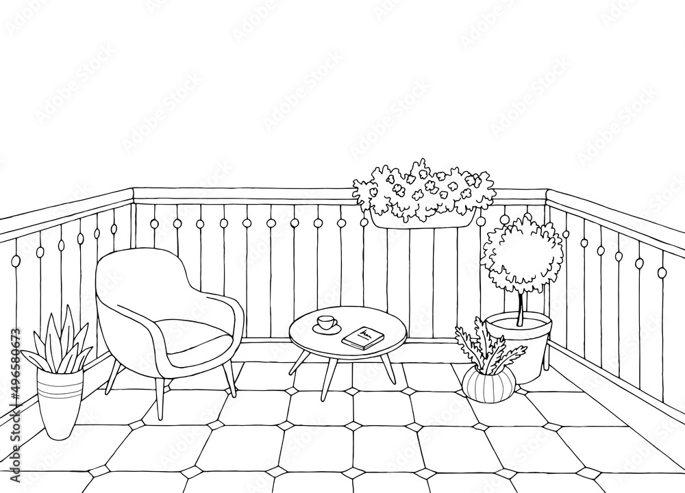 Balcony interior graphic black white sketch illustration vector Stock ...