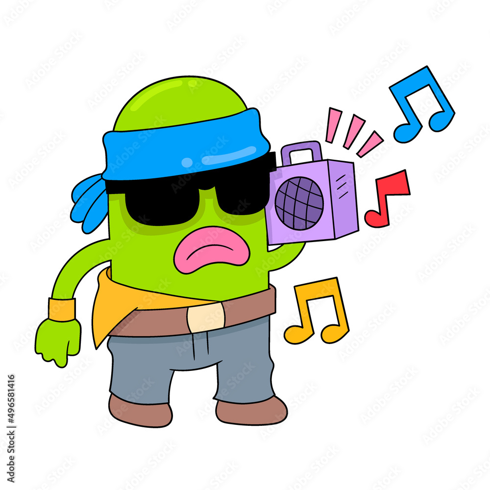 cool faced rapper creature brings a music player, doodle icon image ...