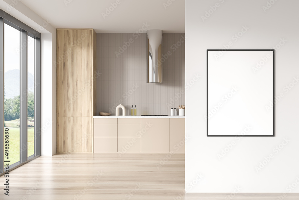 Light kitchen interior with kitchenware and wooden floor, mock up frame ...