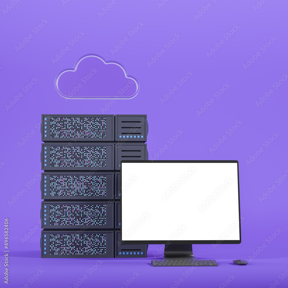 Pc computer mockup screen and server rack, information storage Stock ...