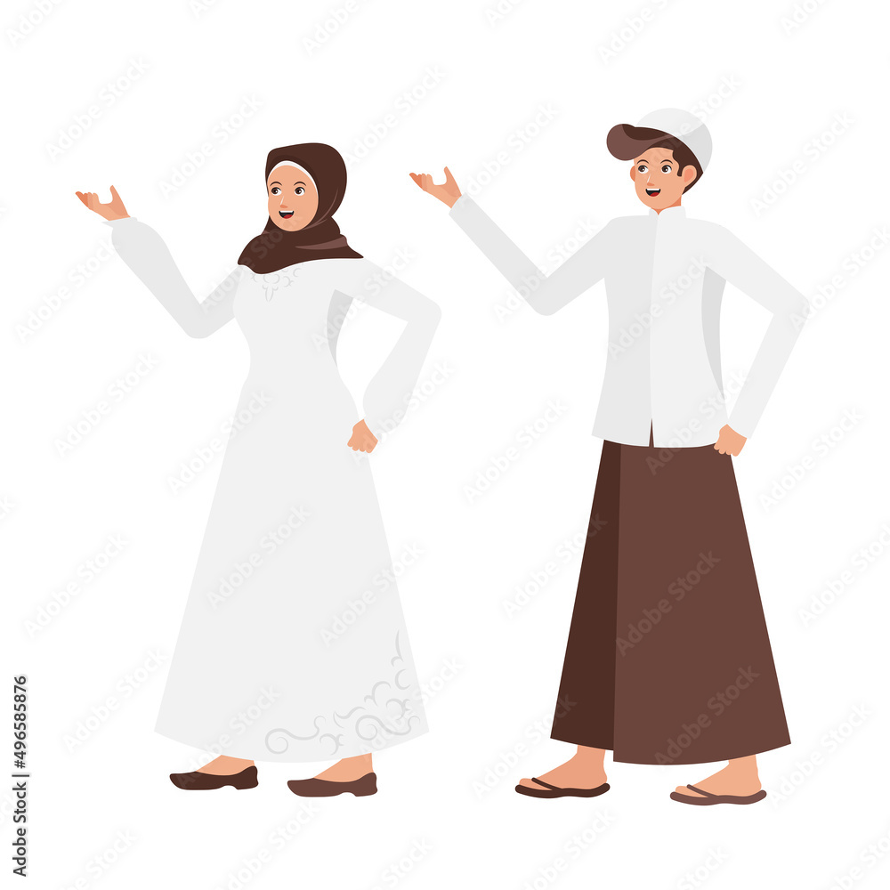 Happy Muslim Character Pack - Vector waist up muslim character pointing ...