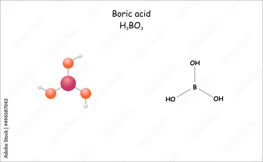 Stylized molecule model/structural formula of boric acid. Use as food ...