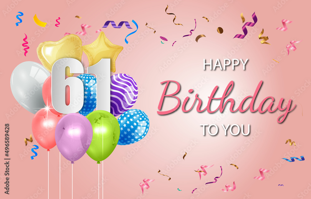 Happy 61th birthday balloons greeting card background vector. Happy ...