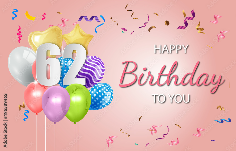 Happy 62th birthday balloons greeting card background vector. Happy ...