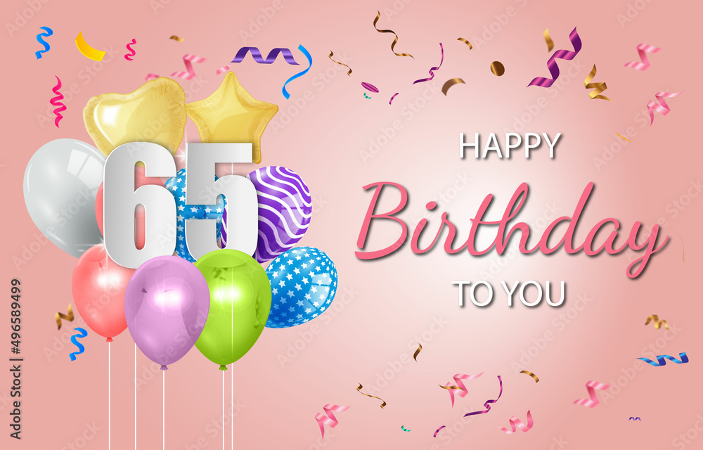 Vecteur Stock Happy 65th birthday balloons greeting card background ...