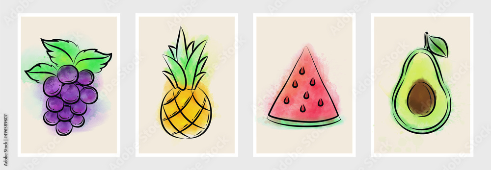 Watercolor fruit wall decoration art, Fruit wallpaper for shops wall ...