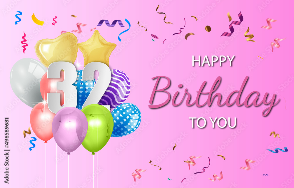 Happy 32th birthday balloons greeting card background vector. Happy ...