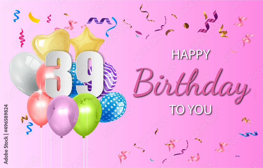Happy 39th birthday balloons greeting card background vector. Happy ...